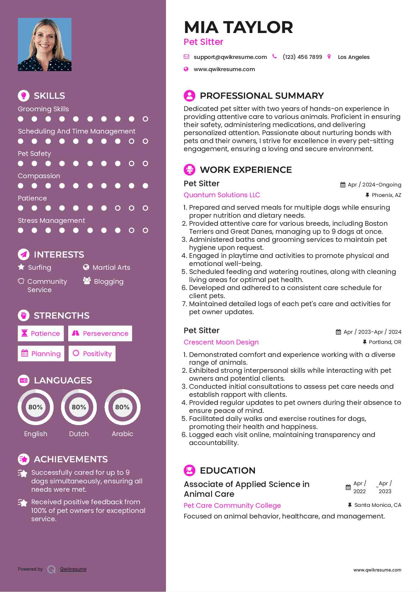 Pet Sitter Resume Samples QwikResume