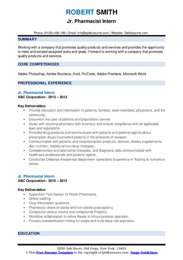 Intern Pharmacist Sample Resume