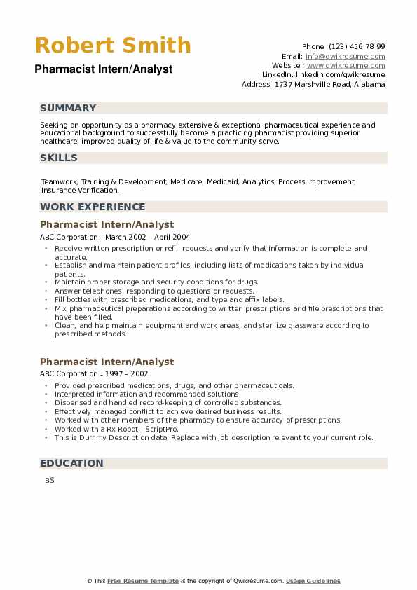 Intern Pharmacist Sample Resume