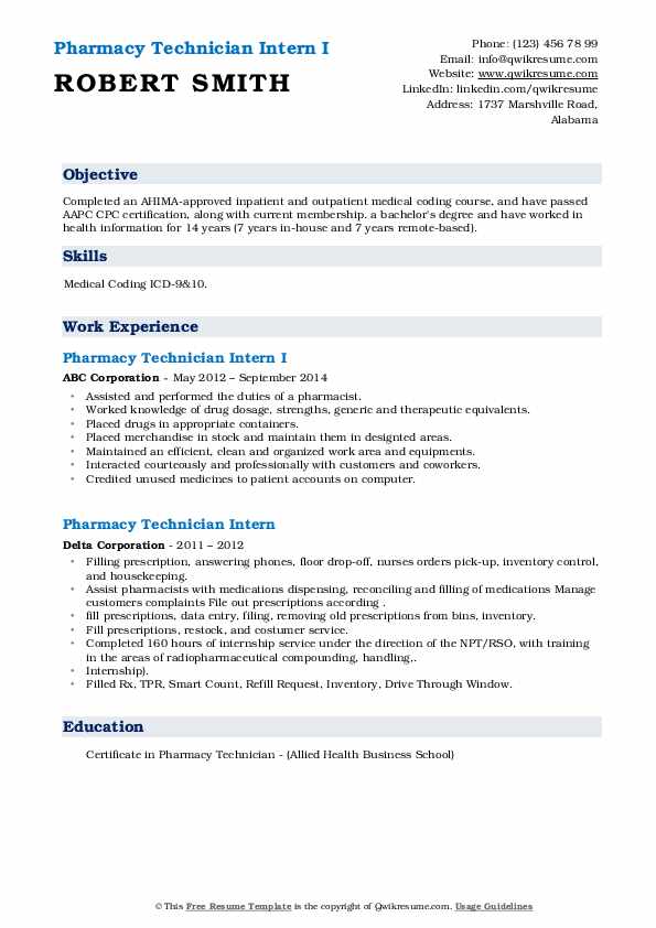 Intern Pharmacist Sample Resume