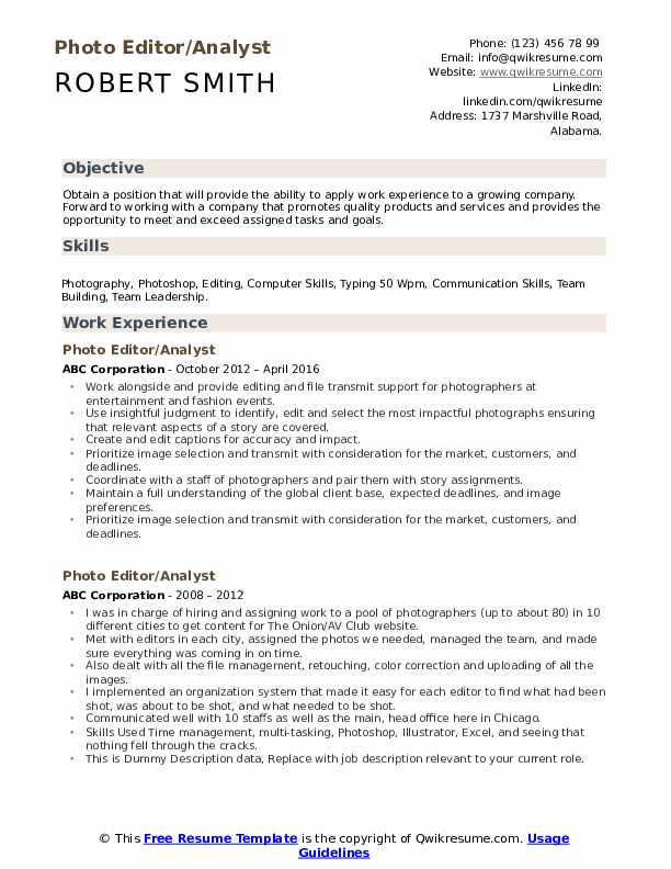 Photo Editor Resume Samples | QwikResume
