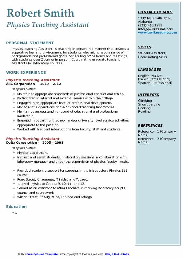 Physics Teaching Assistant Resume Samples | QwikResume