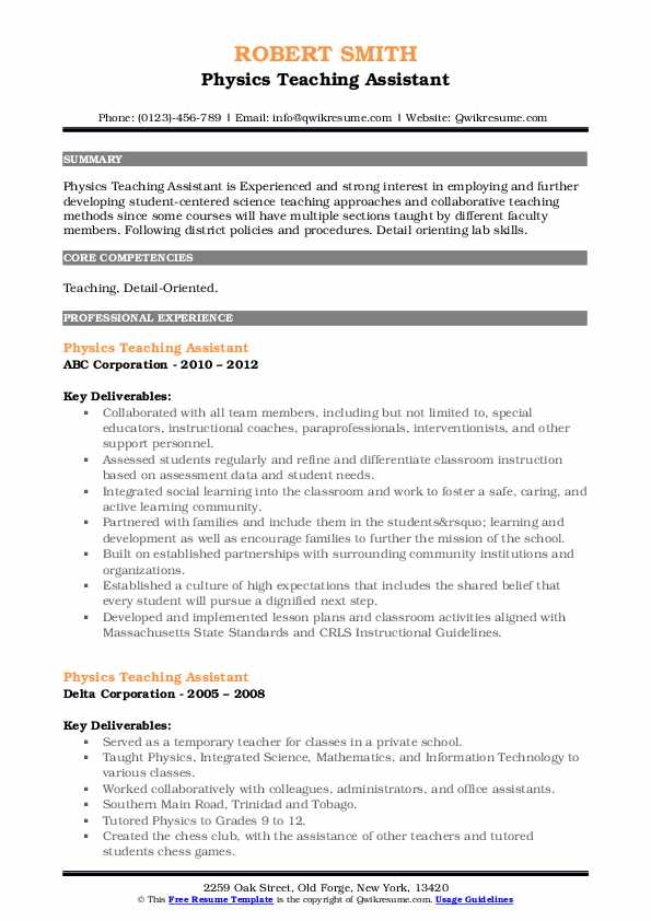 Physics Teaching Assistant Resume Samples | QwikResume