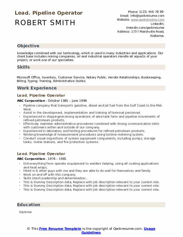Pipeline Operator Resume Samples | QwikResume