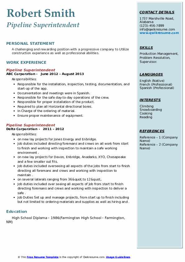 Pipeline Superintendent Resume Samples | QwikResume