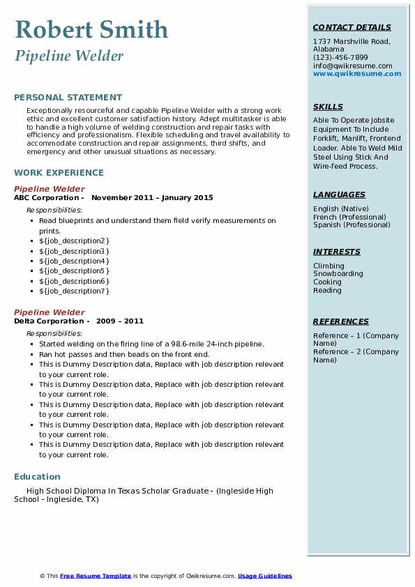 Pipeline Welder Resume Samples | QwikResume