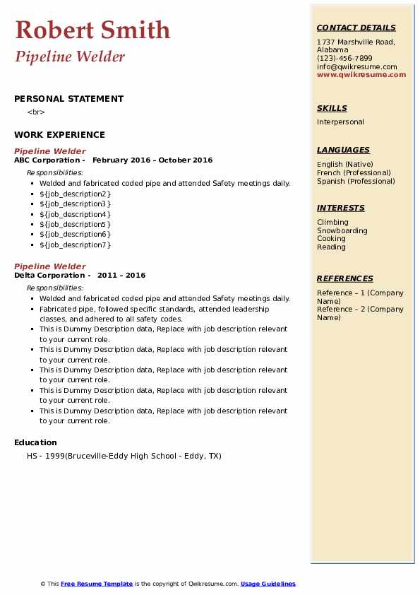 Pipeline Welder Resume Samples | QwikResume