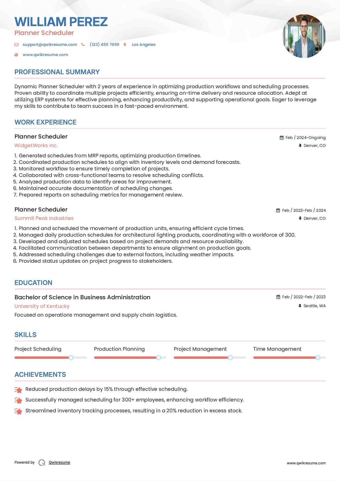 Planner Scheduler Resume Samples QwikResume