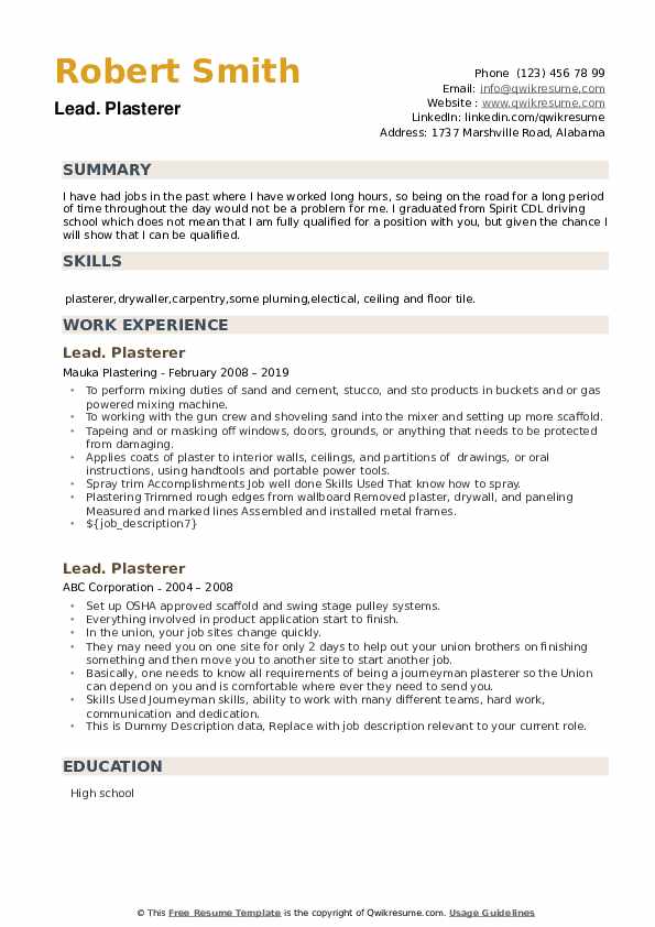 Plasterer Resume Samples | QwikResume