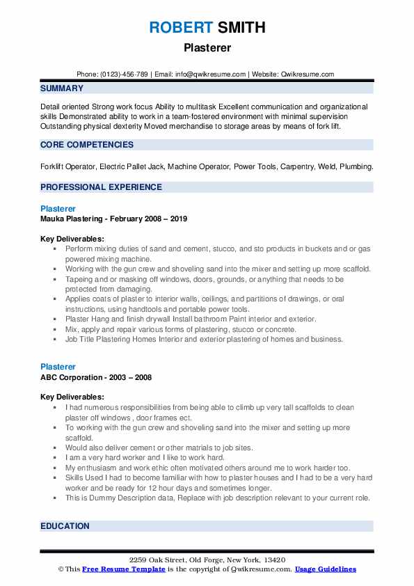 Plasterer Resume Samples Qwikresume