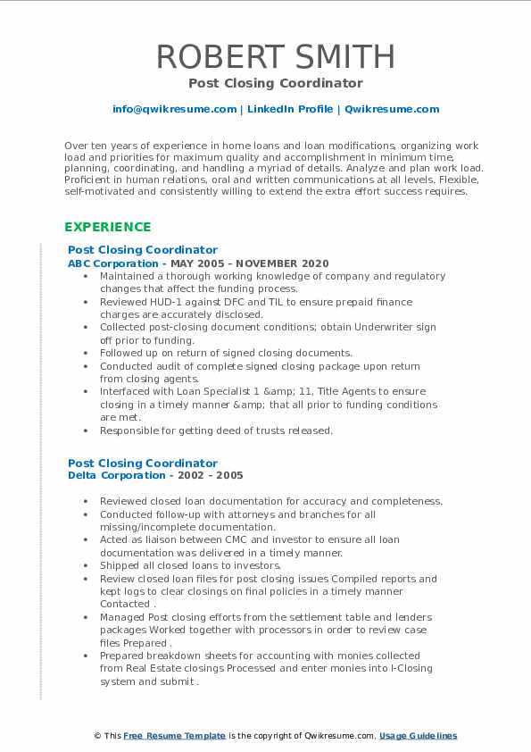 Post Closing Coordinator Resume Samples | QwikResume