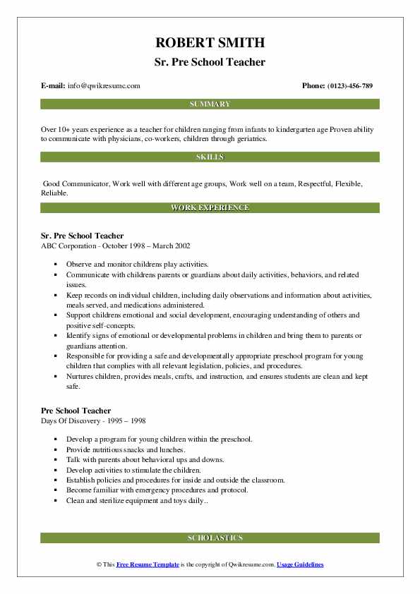 Pre School Teacher Resume