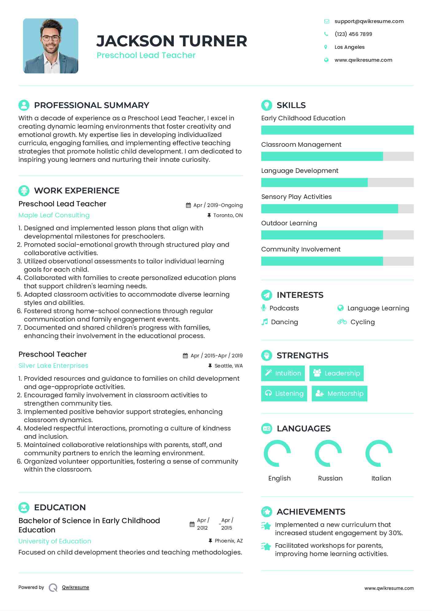Preschool Lead Teacher Resume Samples QwikResume