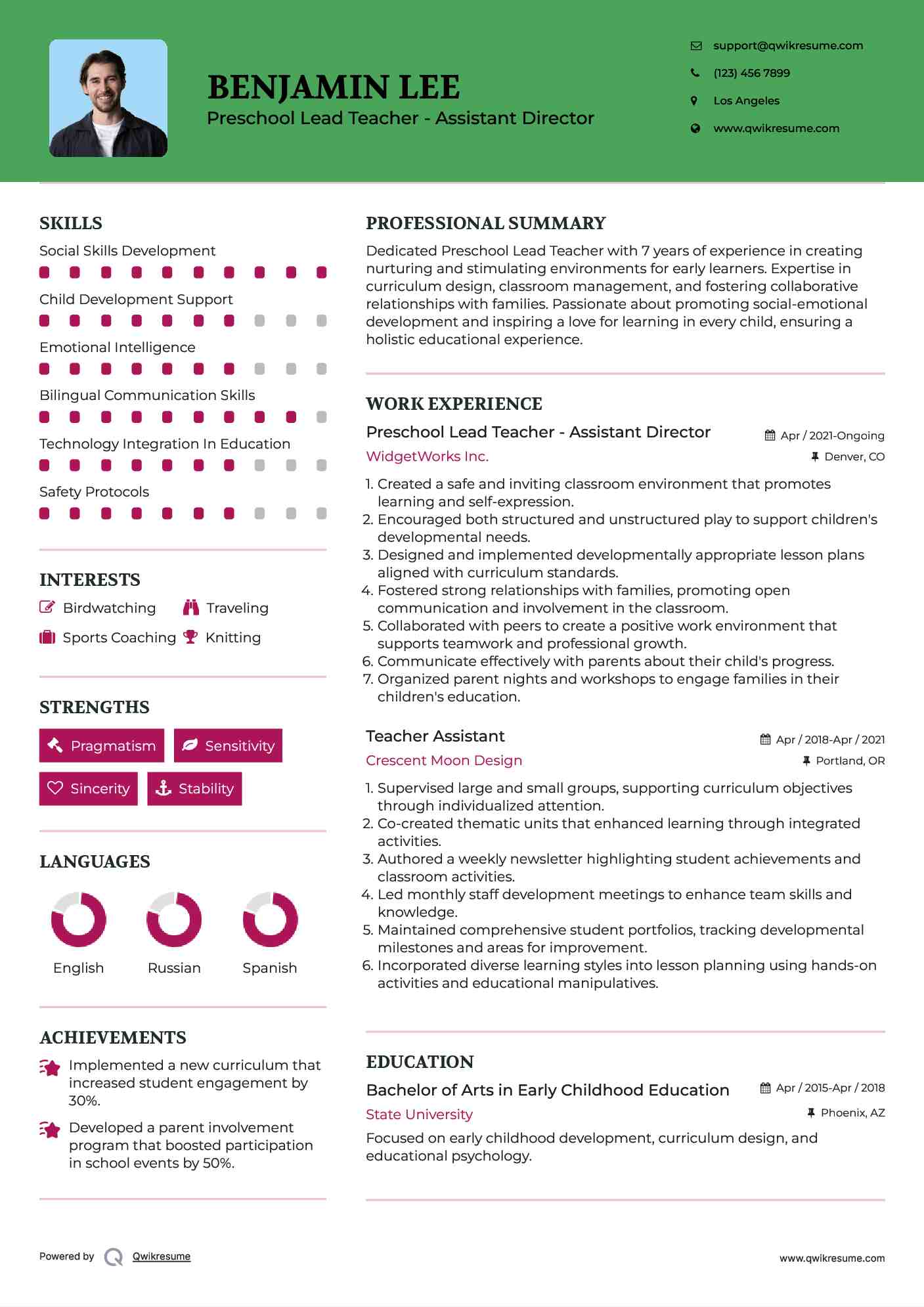 Preschool Lead Teacher Resume Samples QwikResume