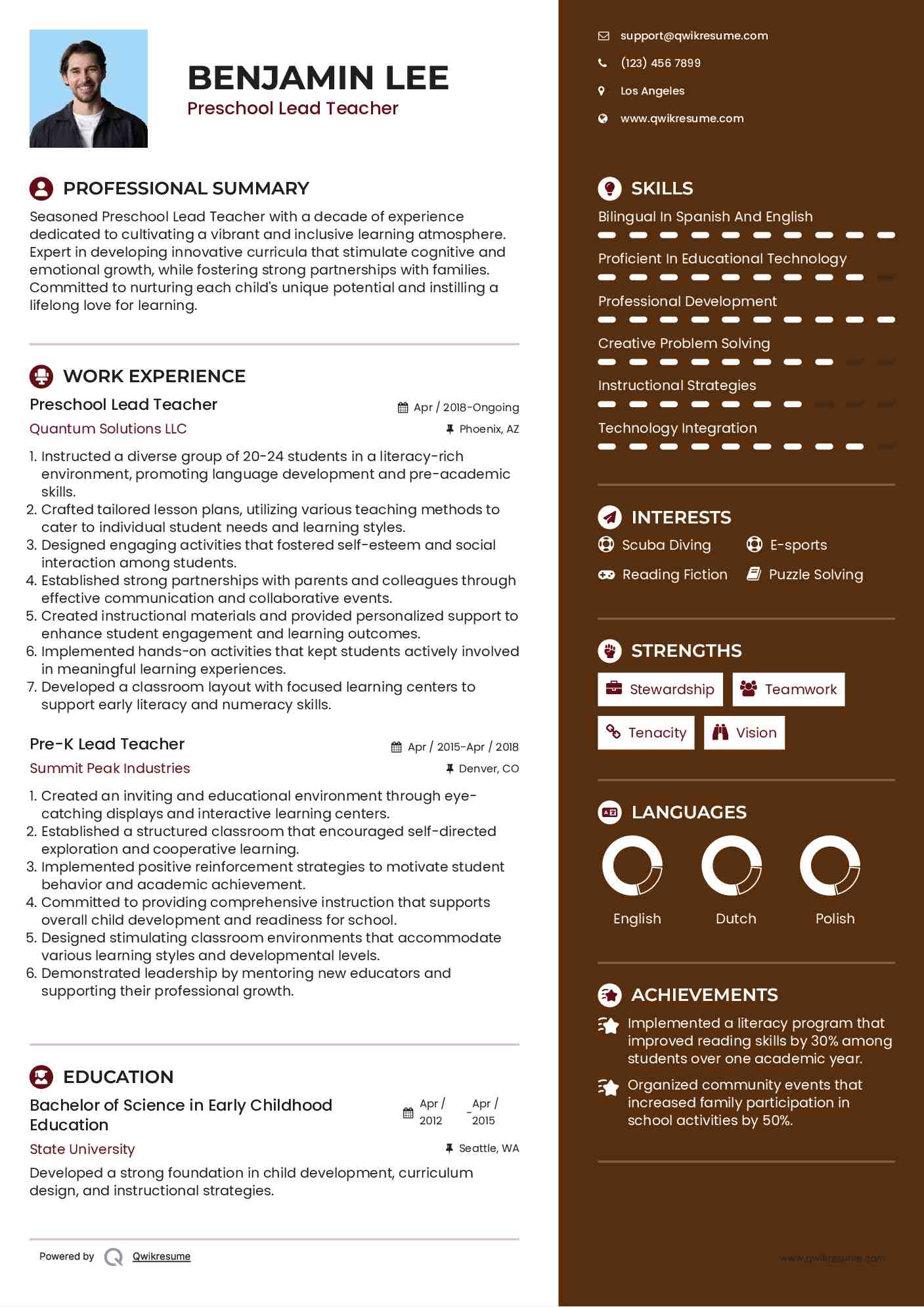 Preschool Lead Teacher Resume Samples QwikResume