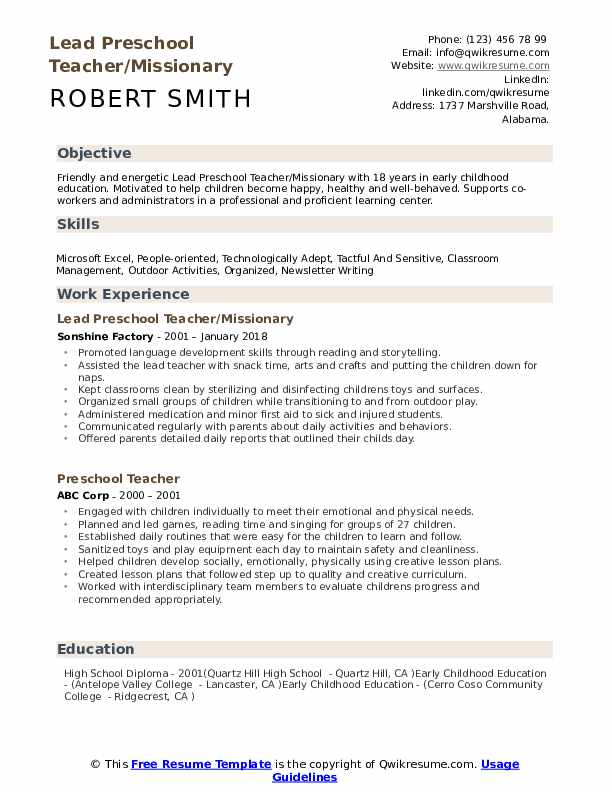 Preschool Teacher Resume Samples QwikResume