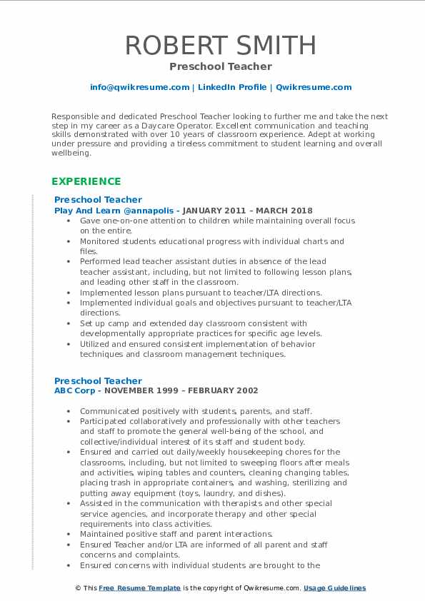 Preschool Teacher Resume Samples QwikResume