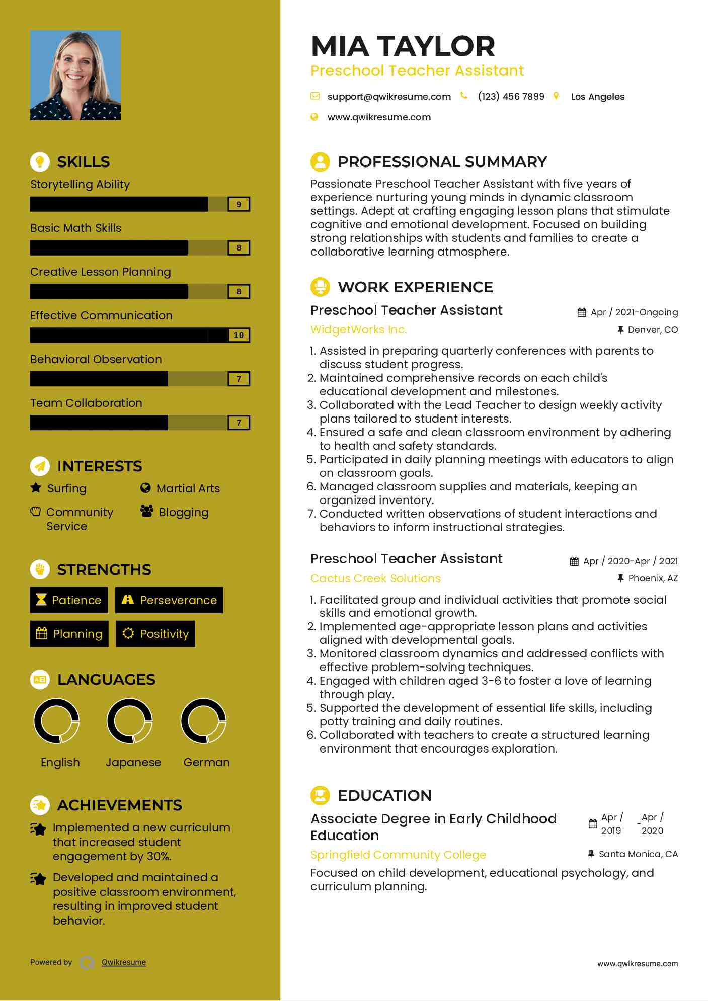 Preschool Teacher Assistant Resume Samples QwikResume