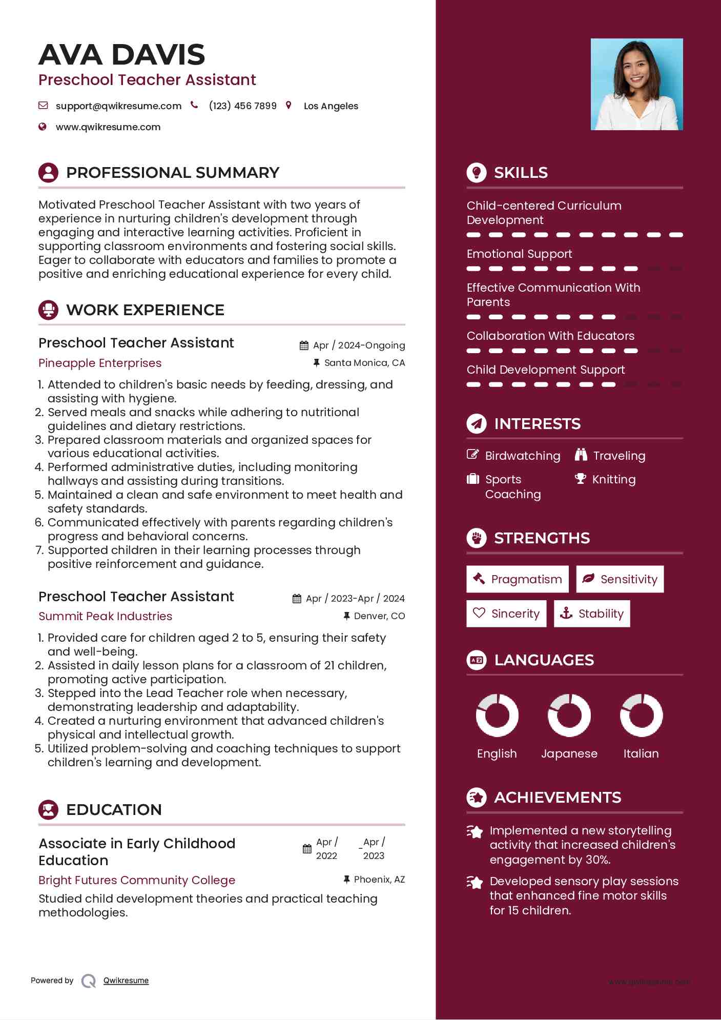 Preschool Teacher Assistant Resume Samples QwikResume