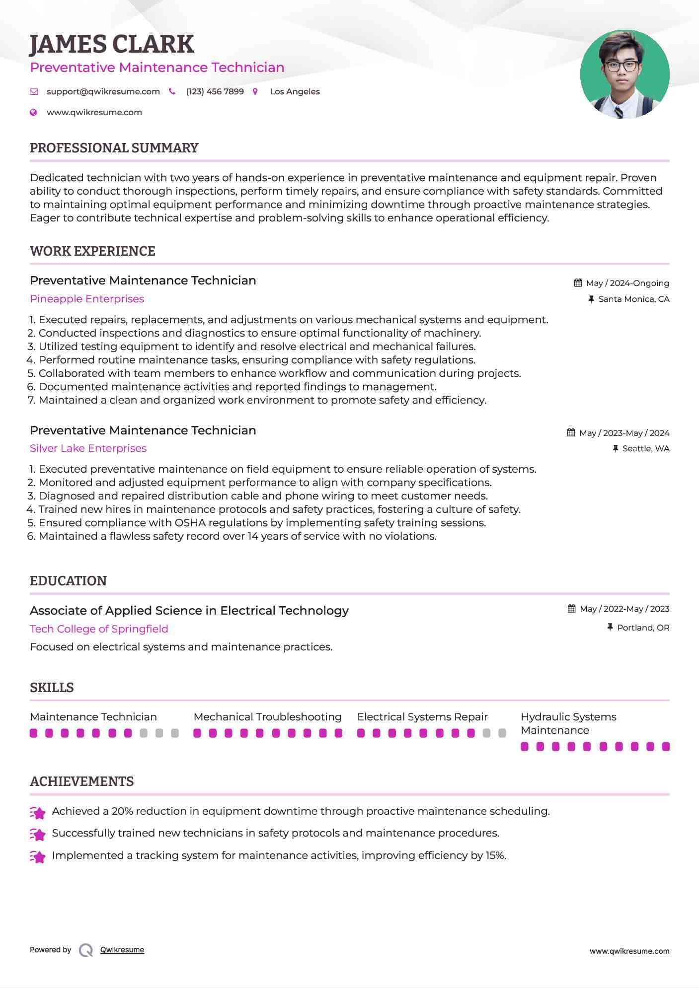 Preventative Maintenance Technician Resume Samples QwikResume