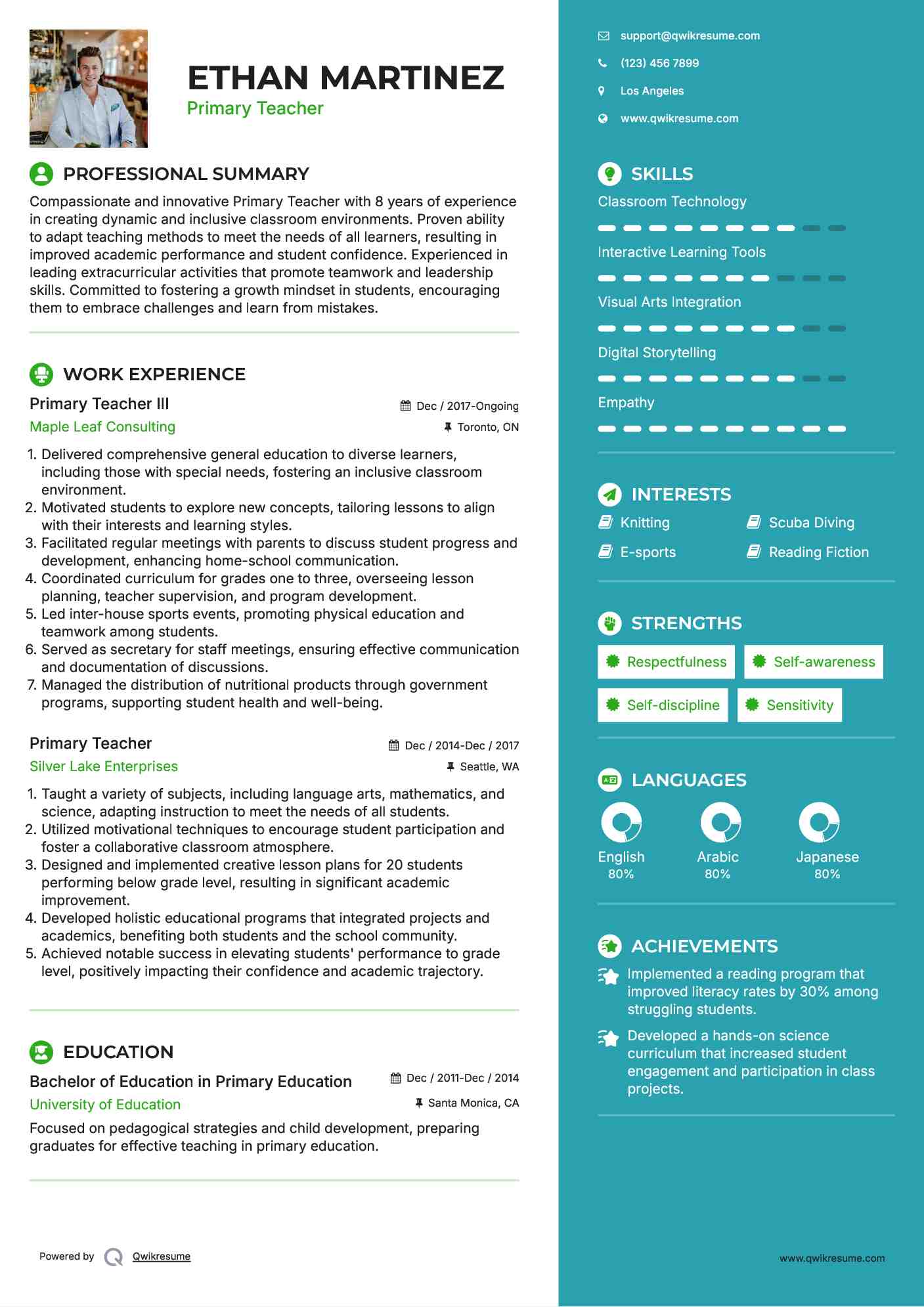 Primary Teacher Resume Samples QwikResume