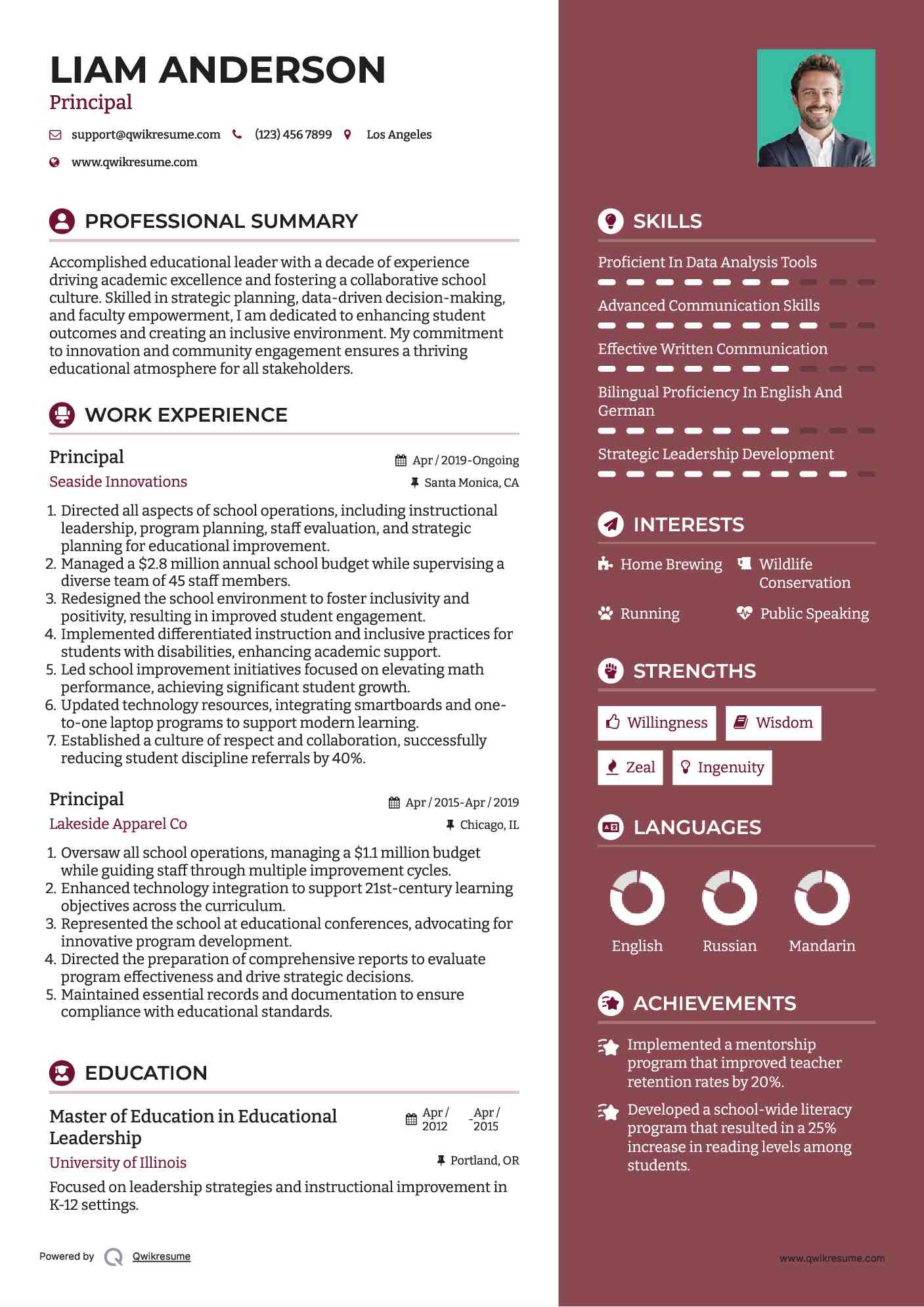 Principal Resume Samples QwikResume