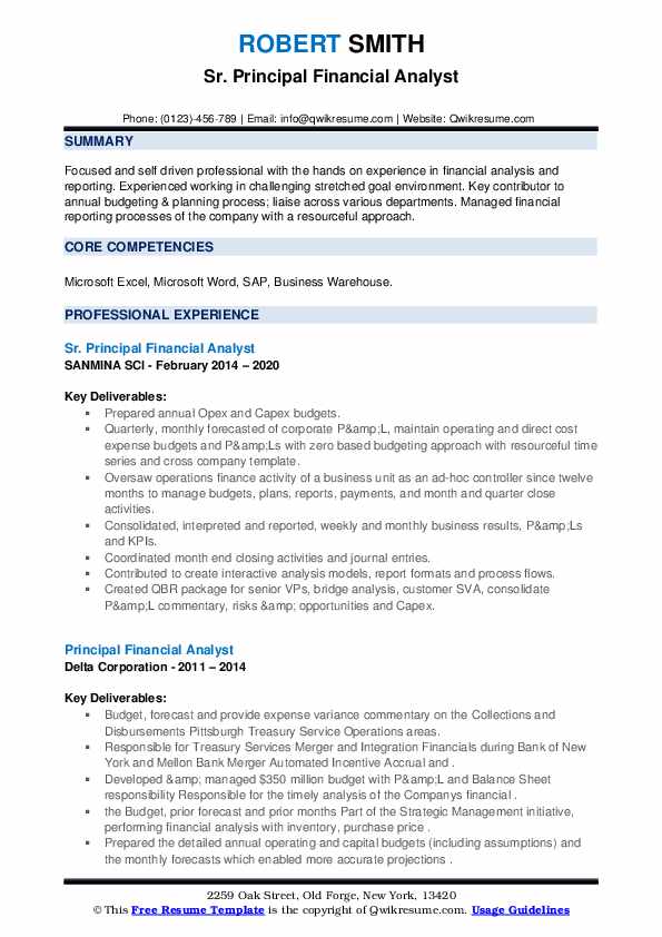 Principal Financial Analyst Resume Samples QwikResume