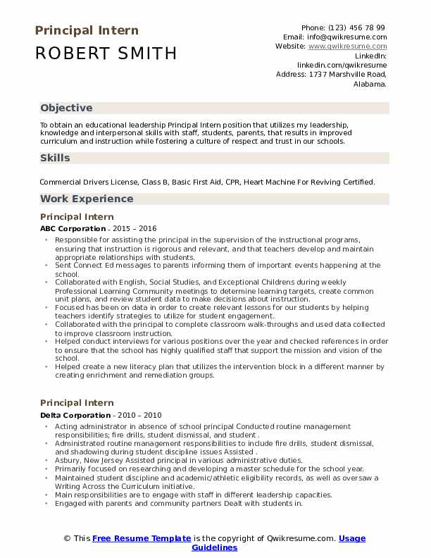 Principal Intern Resume Samples | QwikResume
