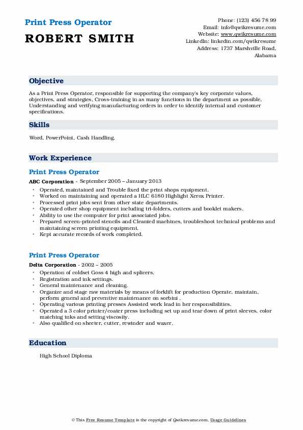 Print Press Operator Resume Samples | QwikResume