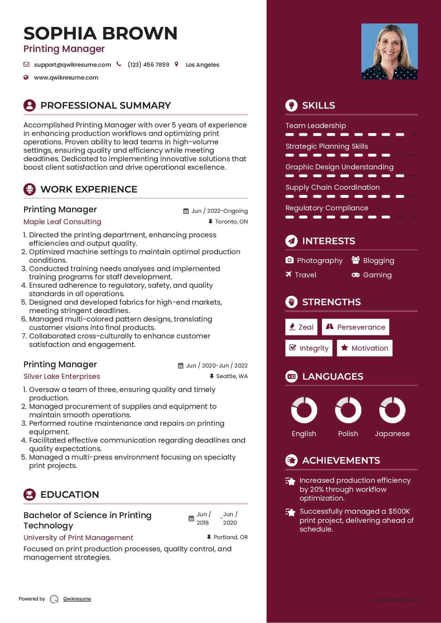Printing Manager Resume Samples QwikResume
