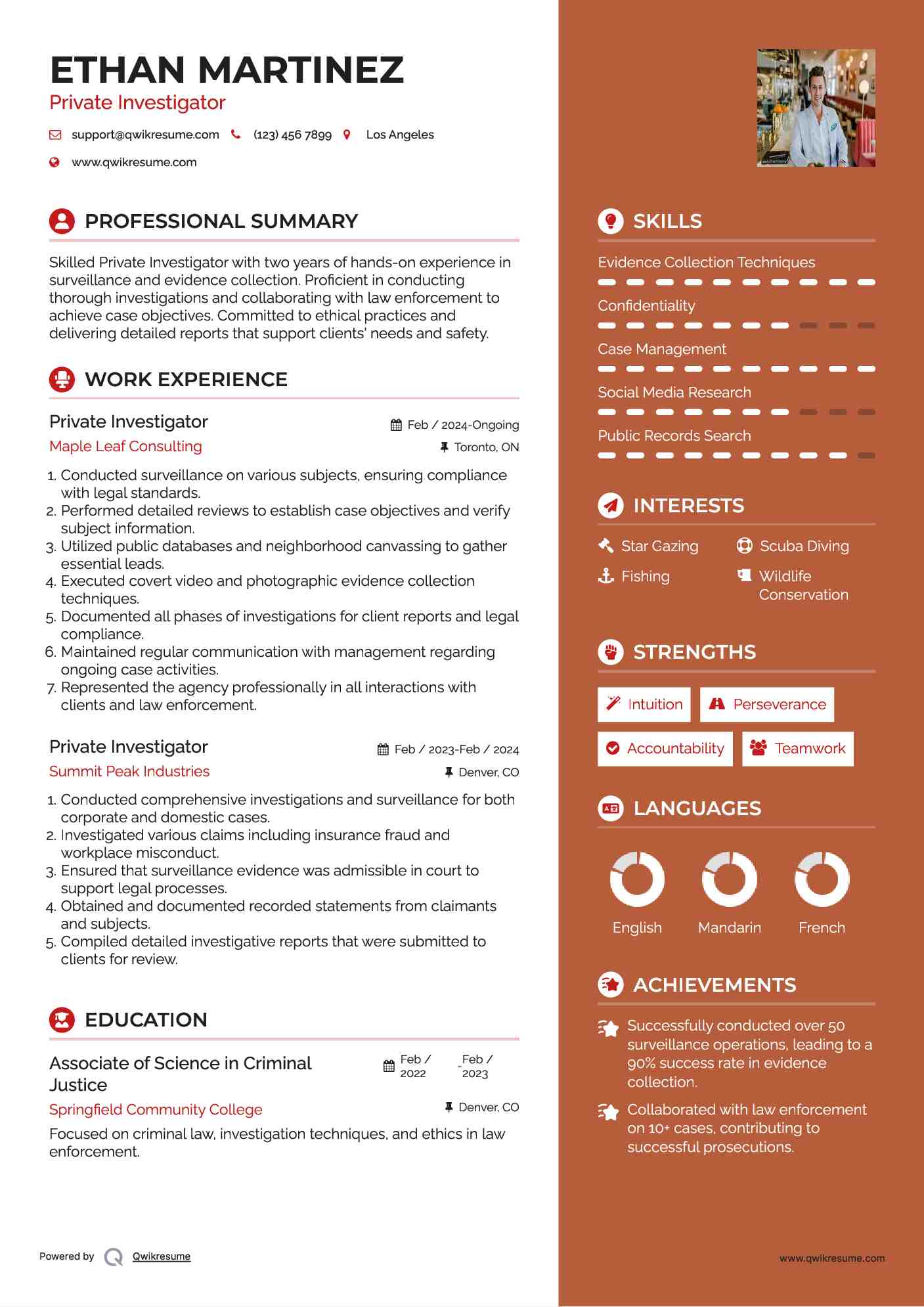 Private Investigator Resume Samples QwikResume