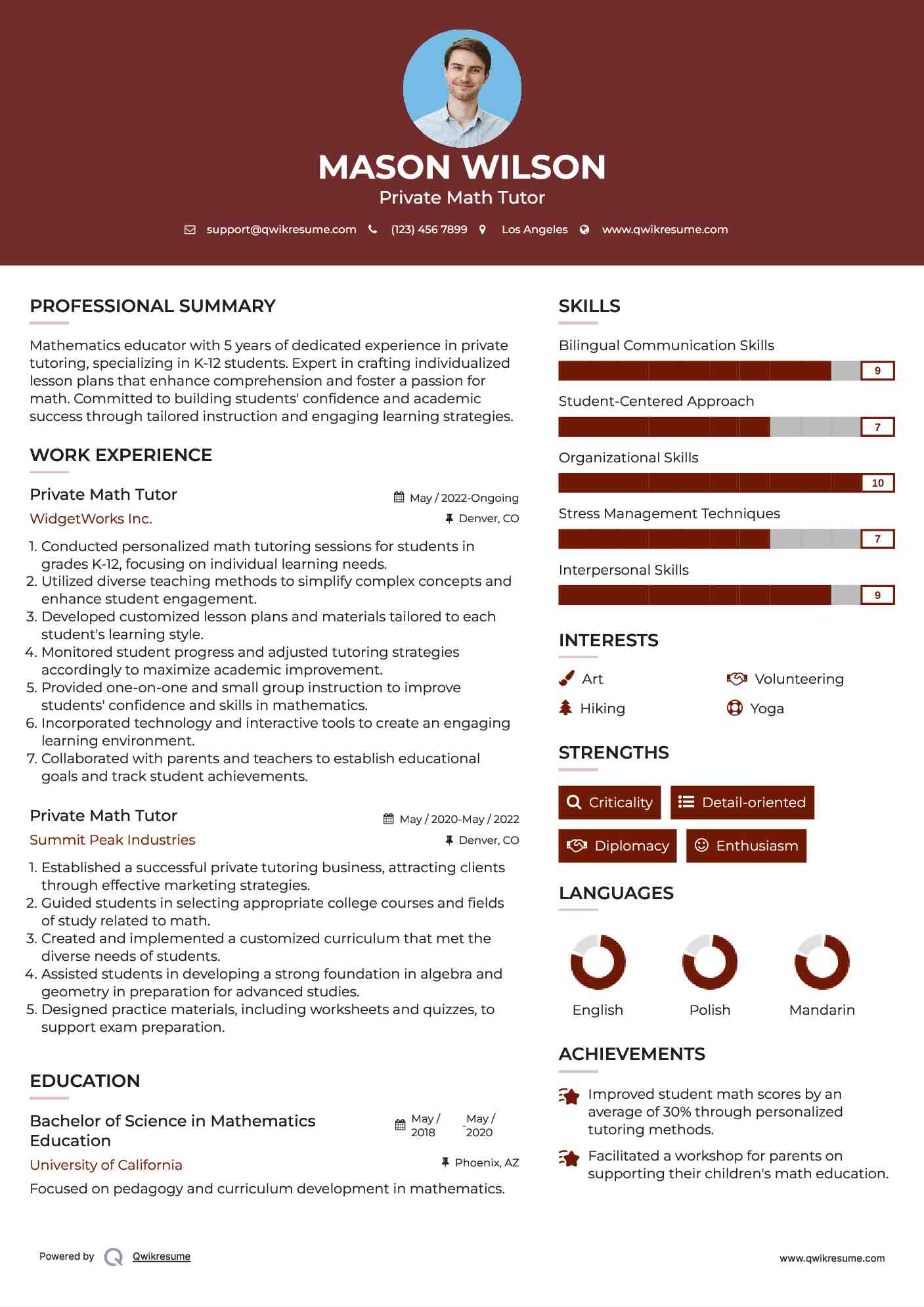 Private Math Tutor Resume Samples QwikResume