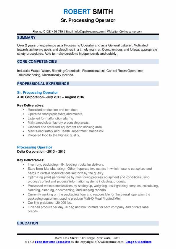 Processing Operator Resume Samples | QwikResume