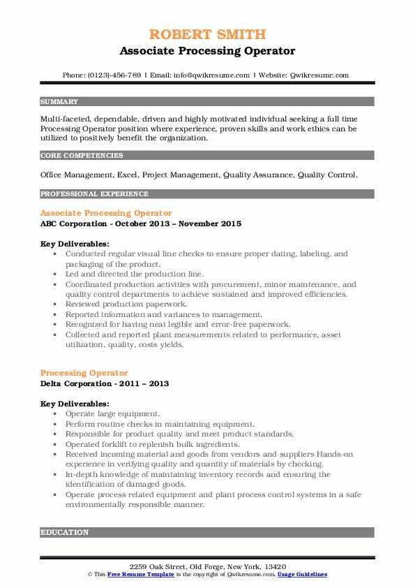 Processing Operator Resume Samples | QwikResume