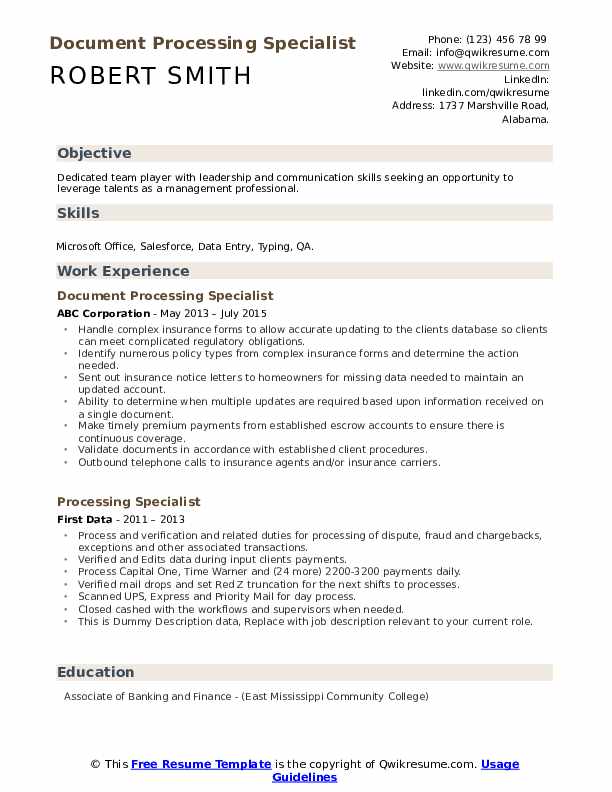 Processing Specialist Resume Samples | QwikResume