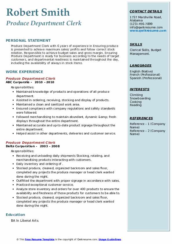 Produce Department Clerk Resume Samples | QwikResume