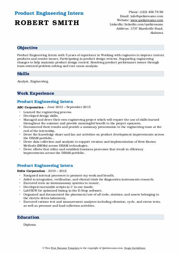 Product Engineering Intern Resume Samples | QwikResume