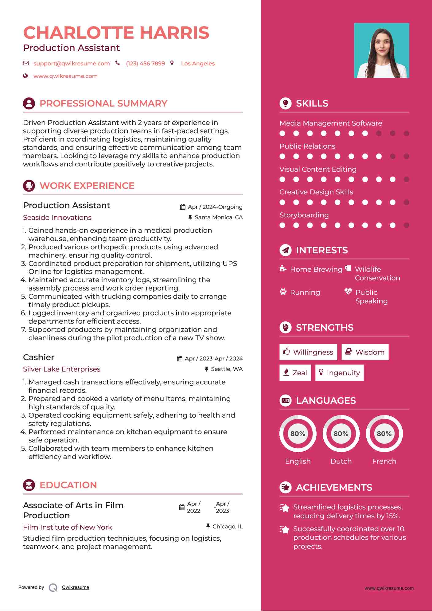 Production Assistant Resume Samples QwikResume