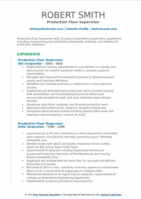 Production Floor Supervisor Resume Samples | QwikResume