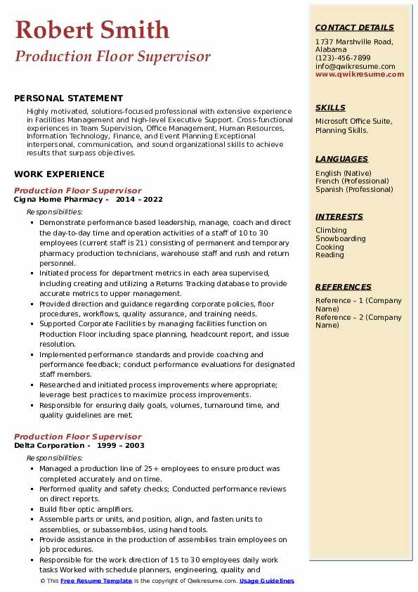 Production Floor Supervisor Resume Samples | QwikResume