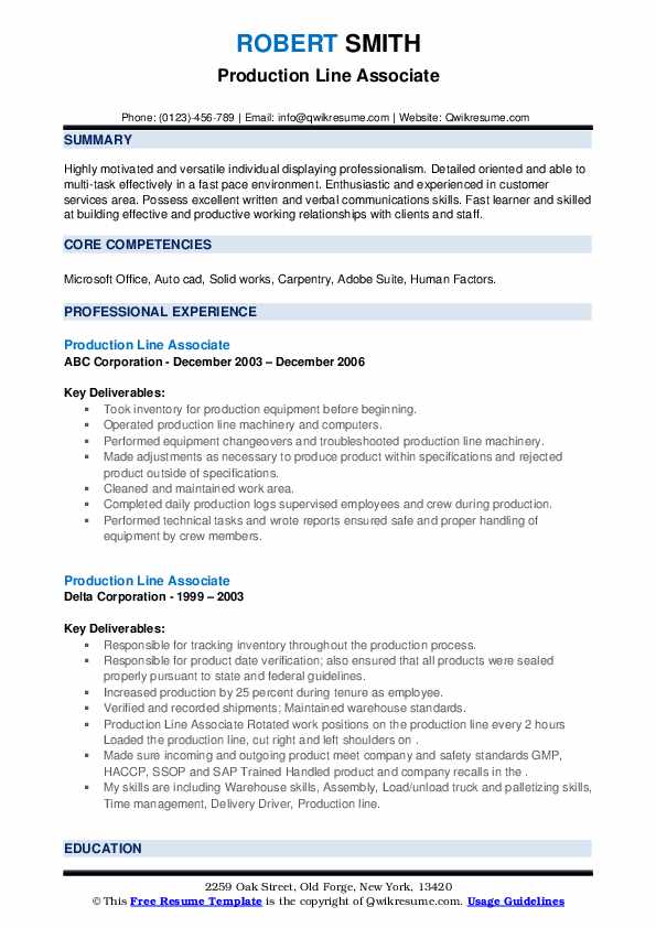 Production Line Associate Resume Samples | QwikResume