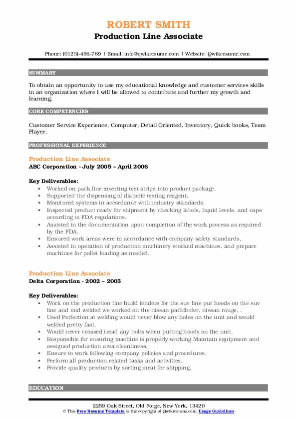 Production Line Associate Resume Samples | QwikResume