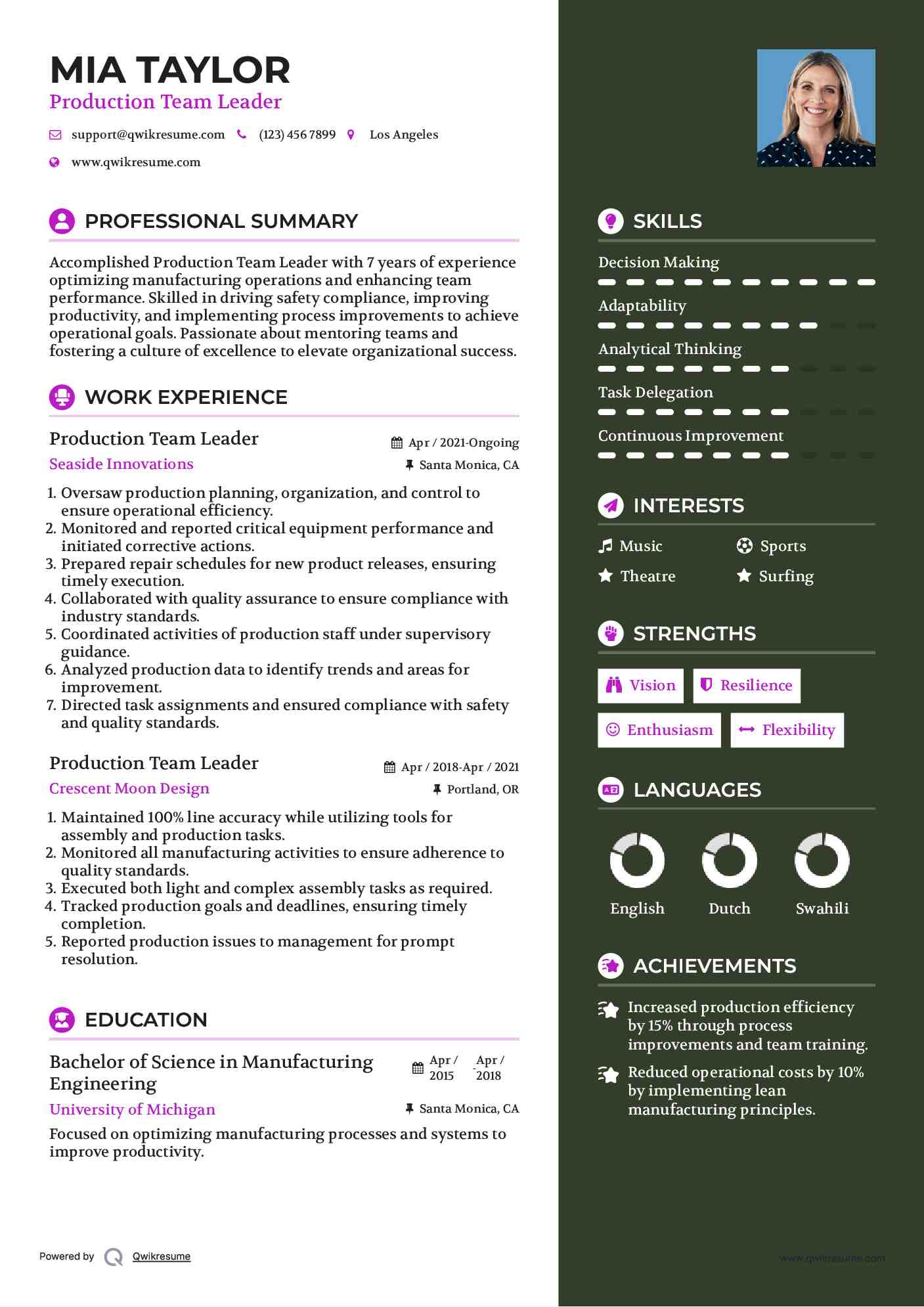 Production Team Leader Resume Samples QwikResume