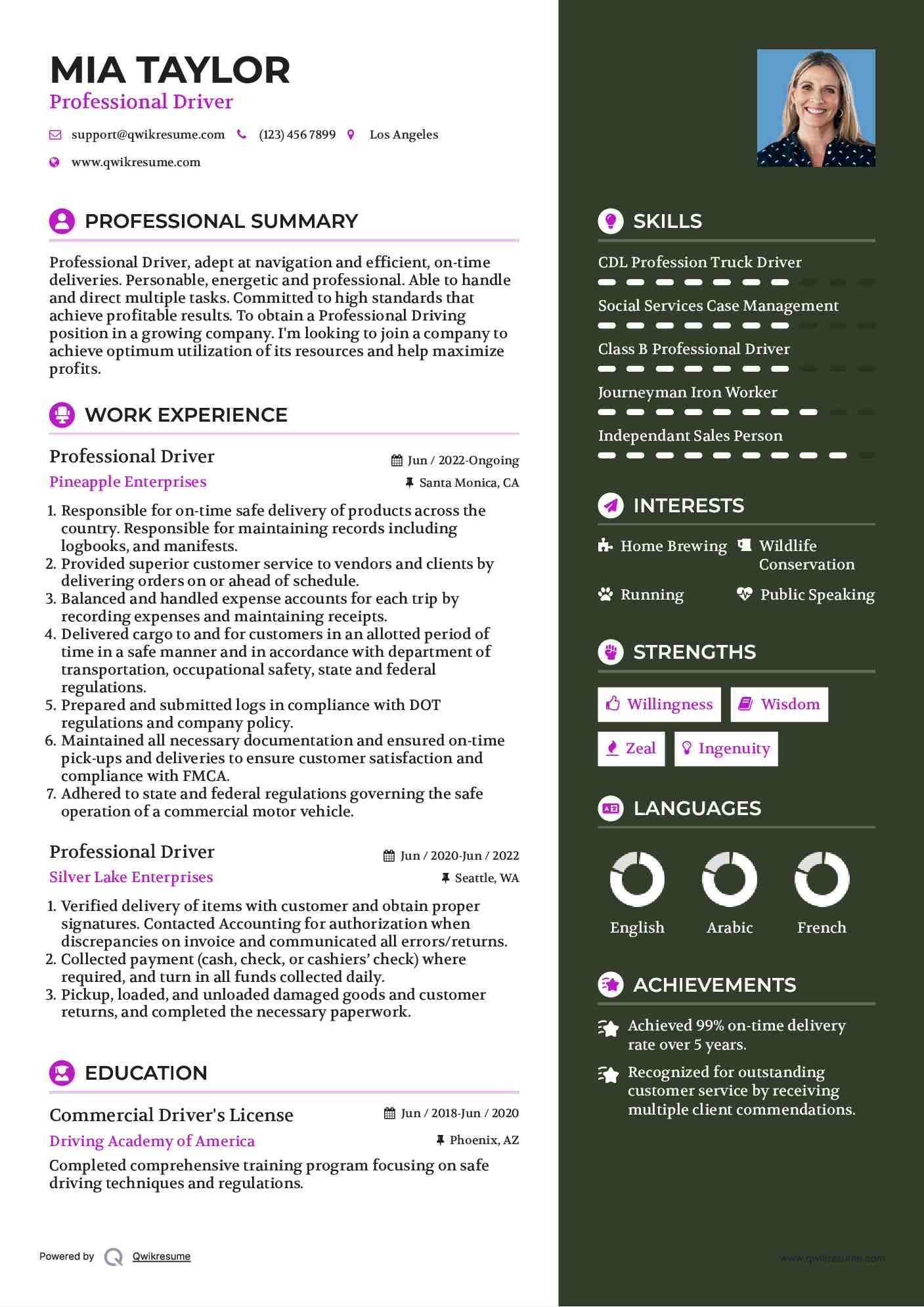 Professional Driver Resume