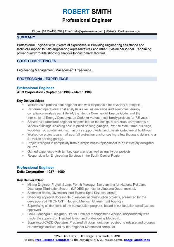 Professional Engineer Resume Samples | QwikResume