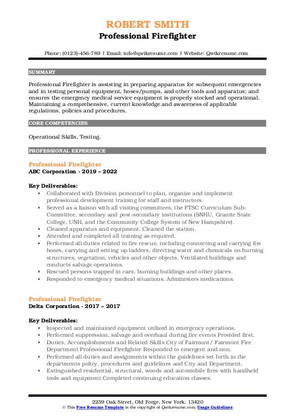 Professional Firefighter Resume Samples | QwikResume