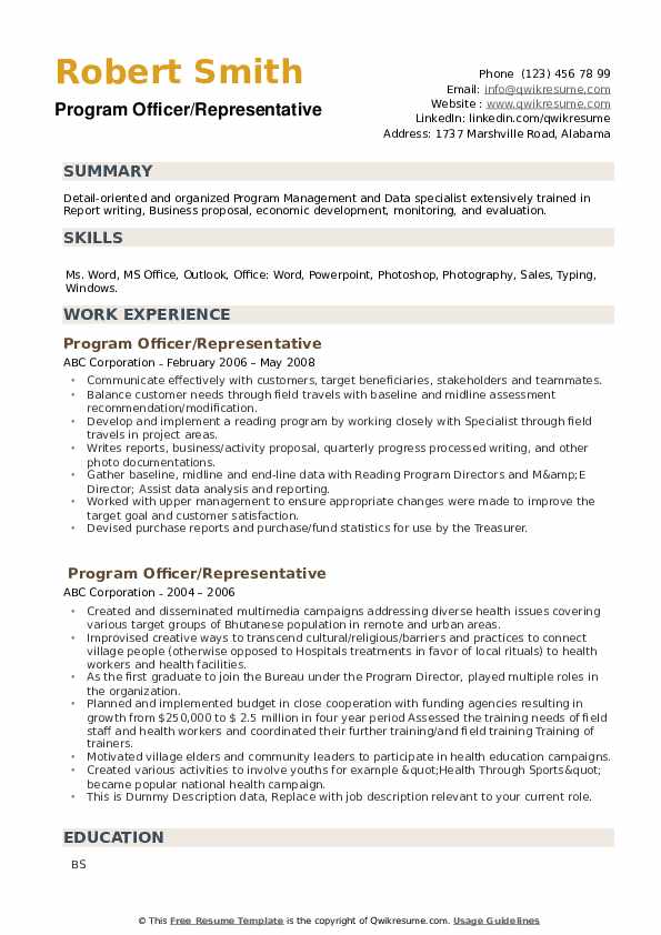 Program Officer Resume Samples | QwikResume