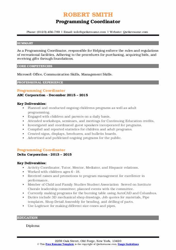 Programming Coordinator Resume Samples | QwikResume