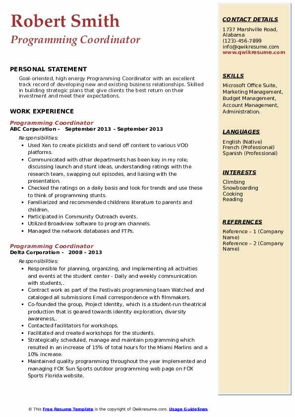 Programming Coordinator Resume Samples | QwikResume