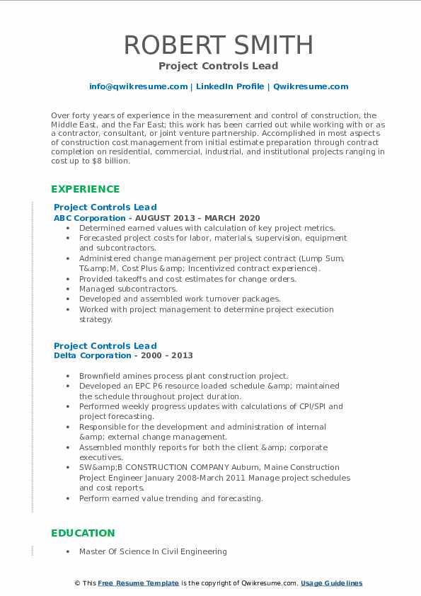 Project Controls Lead Resume Samples | Qwikresume